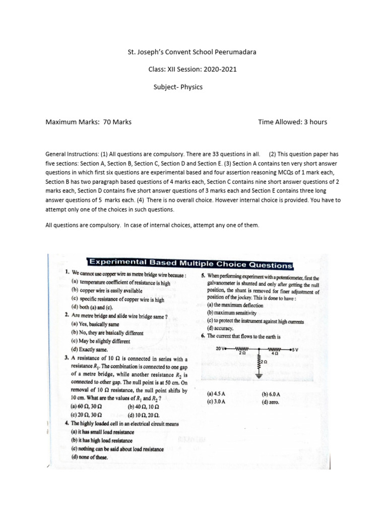 Class 12 2021 Physics Preboard Paper 222222222222 | PDF | Inductor ...