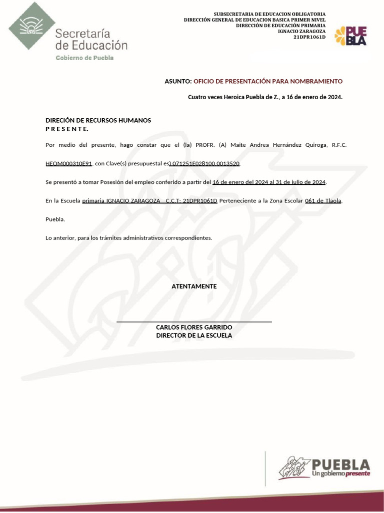 Oficio de Presentación para Nombramiento | PDF