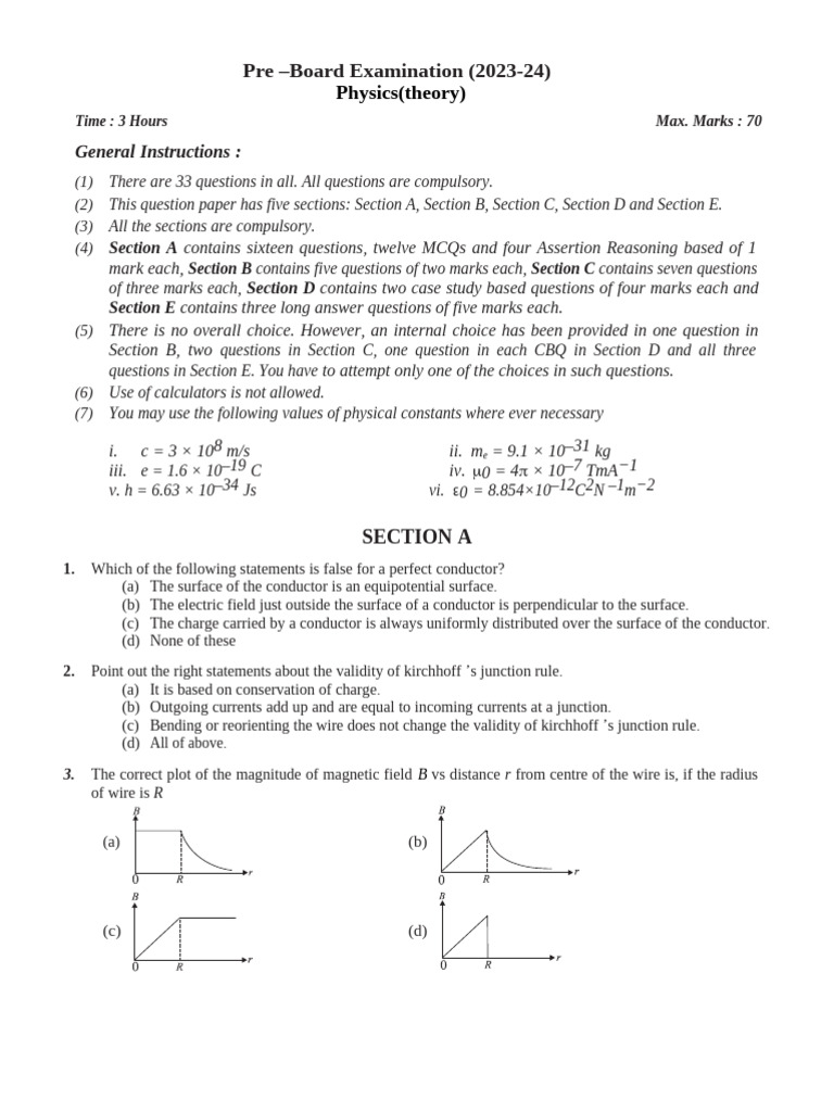 class12TH PRE BOARD 2024 NEW | PDF | Refraction | Refractive Index