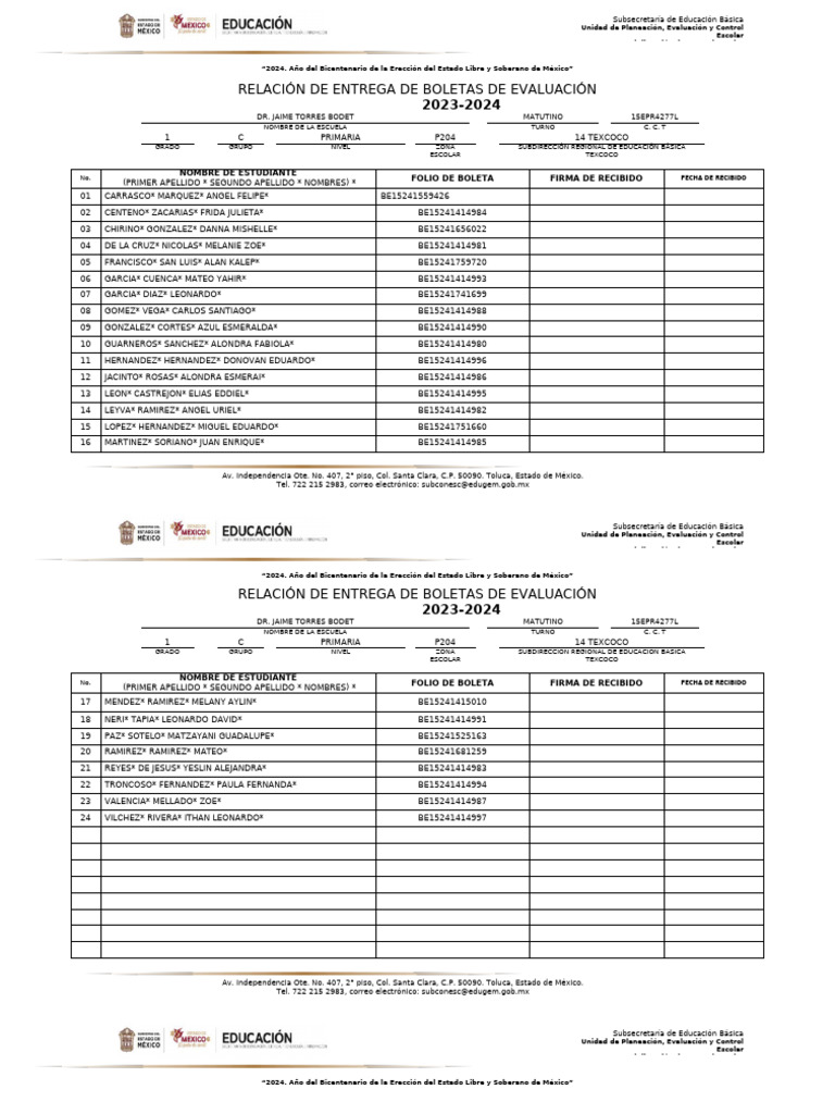 Formatos Entrega de Boletas 23-24 1RO. C | PDF