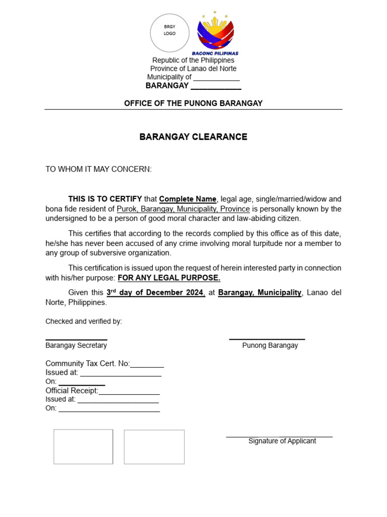 Barangay Clearance Certificate Template | PDF