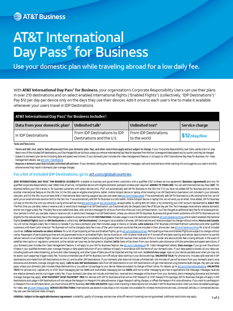 Att International Day Pass For Business | PDF | Roaming | At&T Mobility