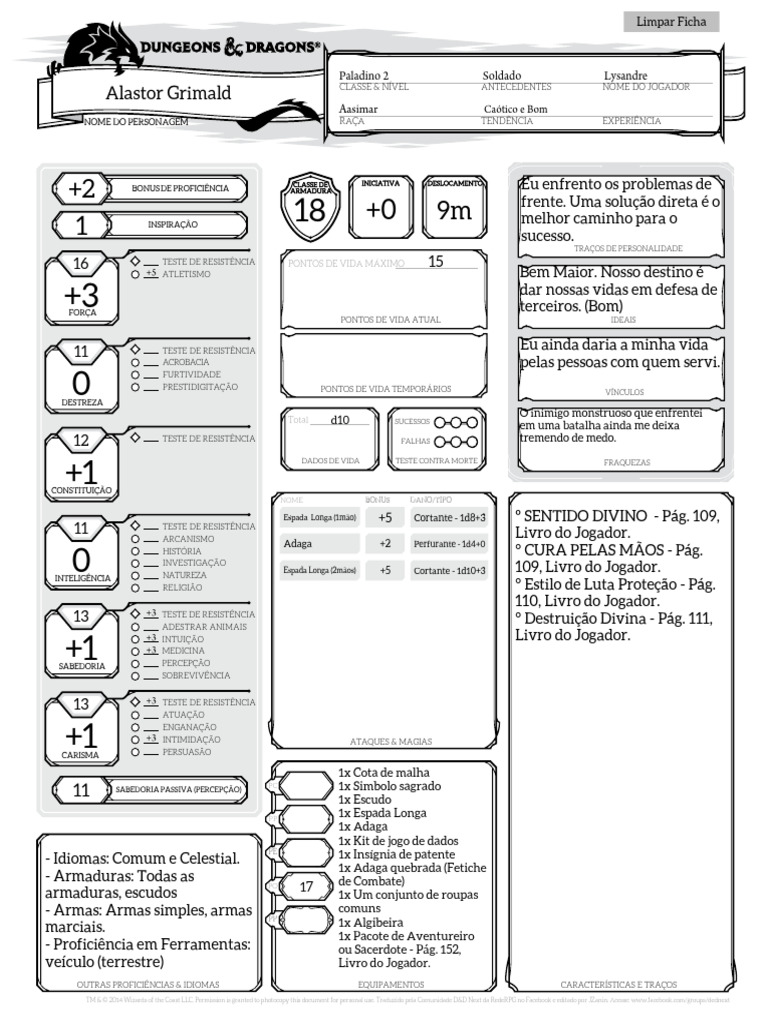 Alastor Grimald - Aasimar Paladino | PDF | Dungeons & Dragons (jogo)