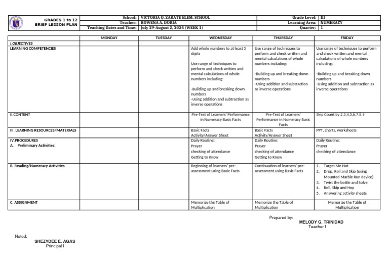 Grade 3 Numeracy Lesson Plan | PDF | Learning | Behavior Modification