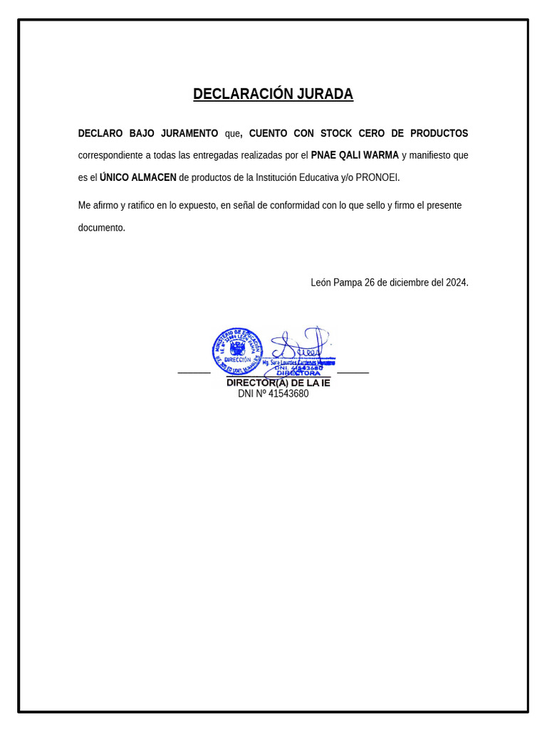 Declaración de Stock Cero Qali Warma | PDF