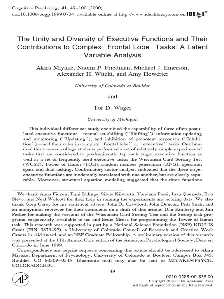 MIYAKE ET AL (2000) | PDF | Executive Functions | Working Memory