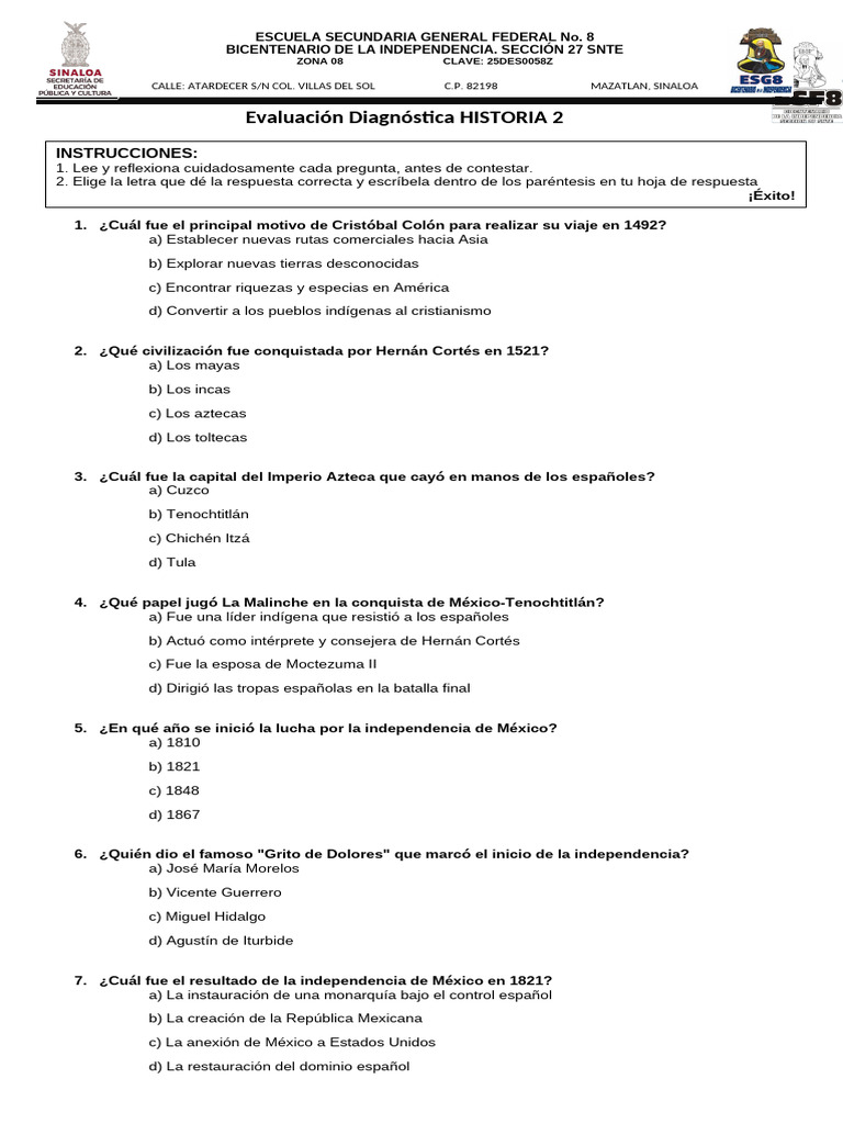 Examen Diagnóstico Hist.2do 24-25 | PDF | México | Tratado de Libre Comercio Norteamericano