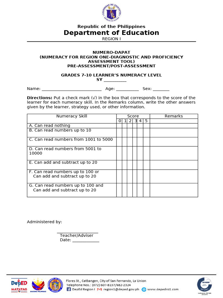 Assessment Tools Numero Dapat Jhs and Shs Abraham | PDF | Learning | Cognitive Psychology