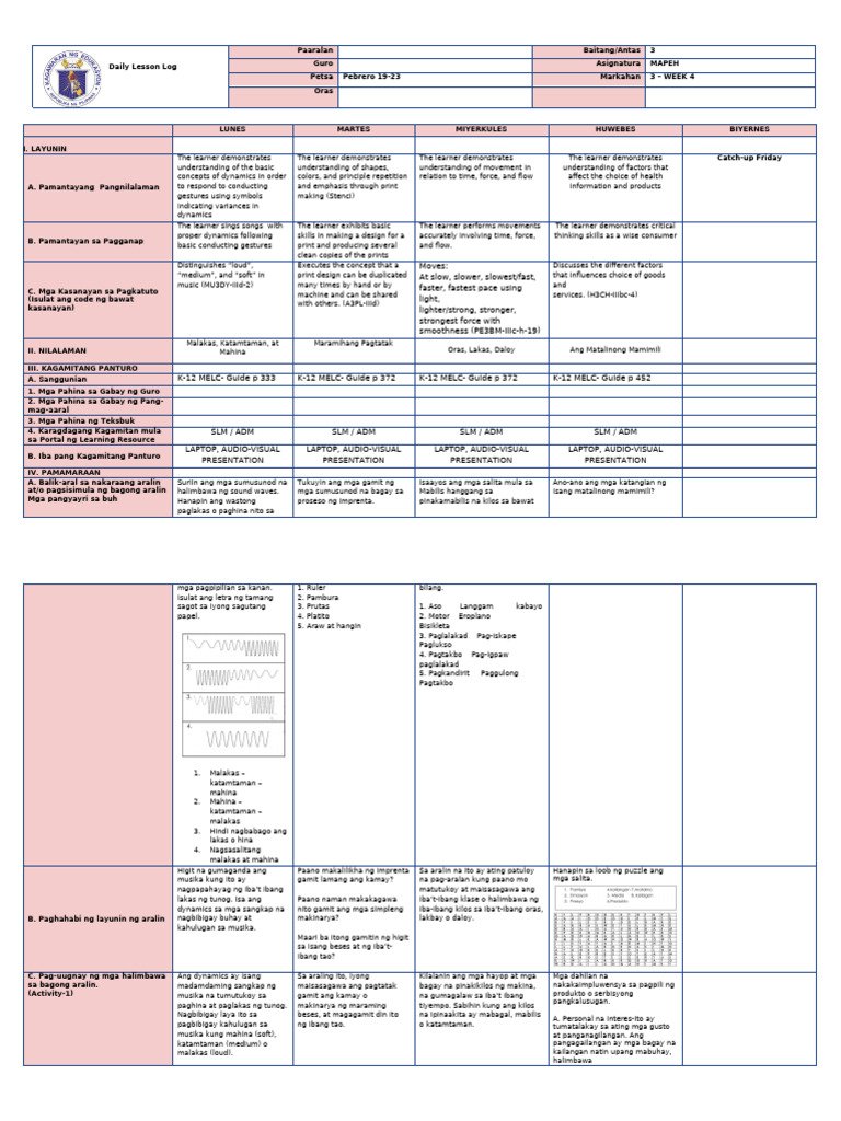DLL MAPEH 3 Q3W4 | PDF