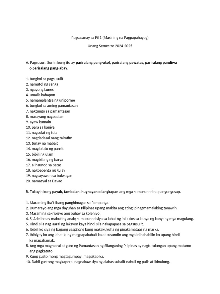 Pagsasanay Sa Fil 1 Masining Na Pagpapahayag | PDF