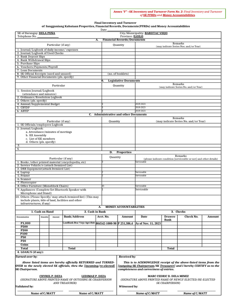ANNEX F SK Inventory and Turnover Form No 2 Final Inventory and ...