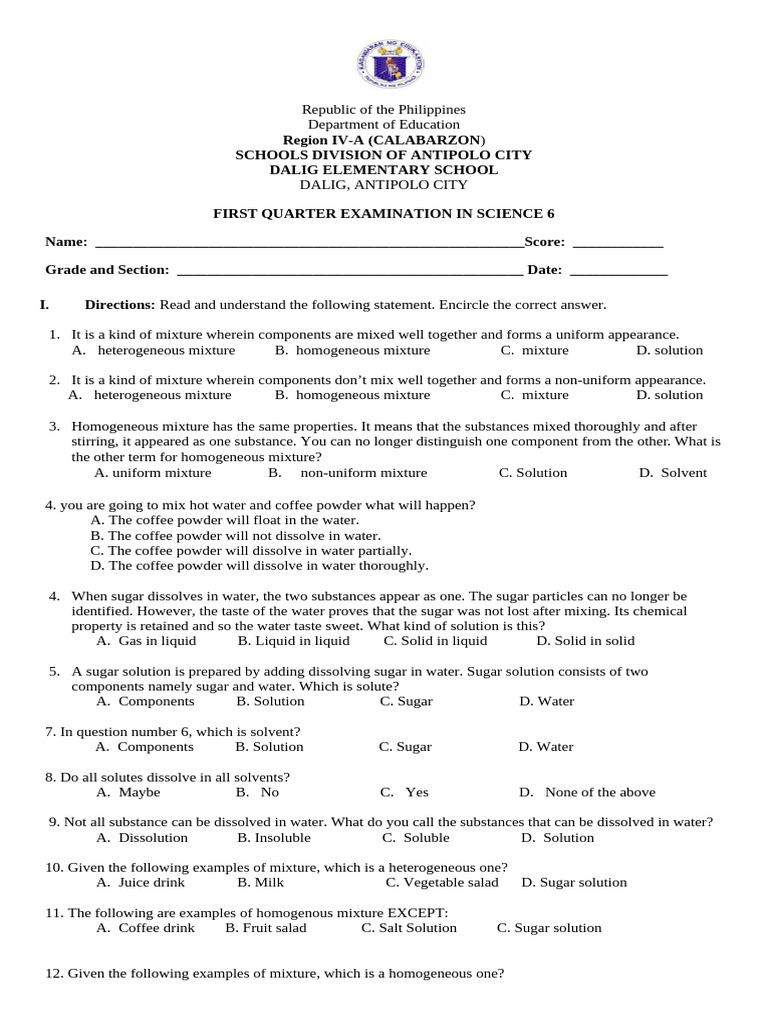 Science 6 First Quarter Exam Guide | PDF | Mixture | Solubility