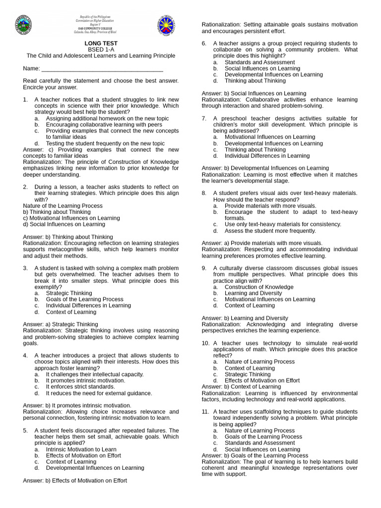 Child and Adolescent Learning Principles Quiz | PDF | Adolescence ...
