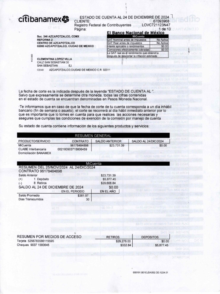 Estado de Cuenta Bancario Clementina Lopez Villa | PDF