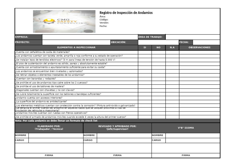Inspección de Andamios: Checklist Completo | PDF | Andamio