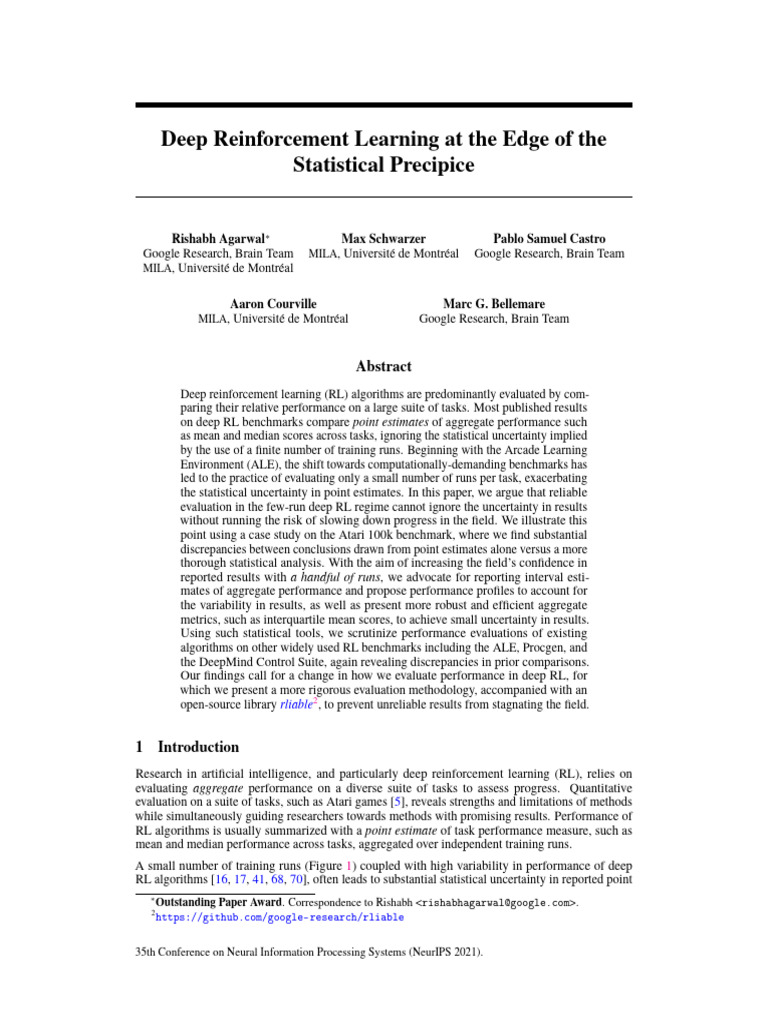 NeurIPS 2021 Deep Reinforcement Learning at The Edge of The Statistical Precipice Paper | PDF ...