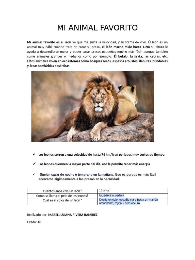 Mi Animal Favorito Trabajo Grado 4 | PDF