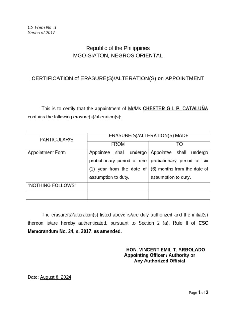 Certification of Appointment Alterations | PDF
