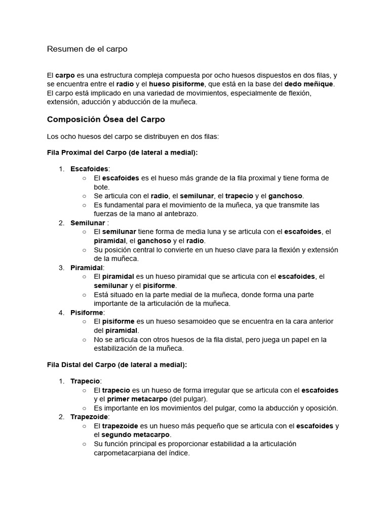 Anatomía y Función del Carpo | PDF | Mano | Sistema esquelético