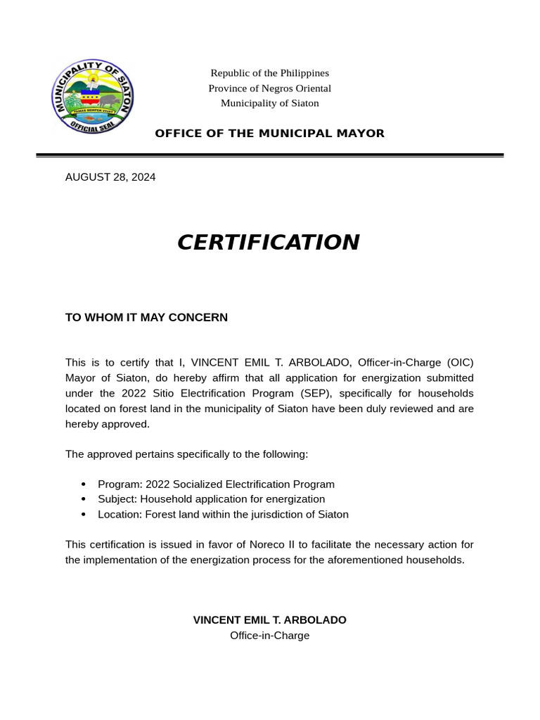 Certificate To NORECO II | PDF