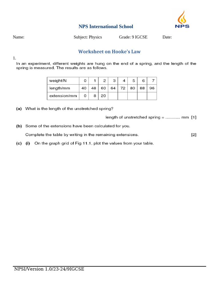 Grade 9 Physics: Hooke’s Law Worksheet | PDF