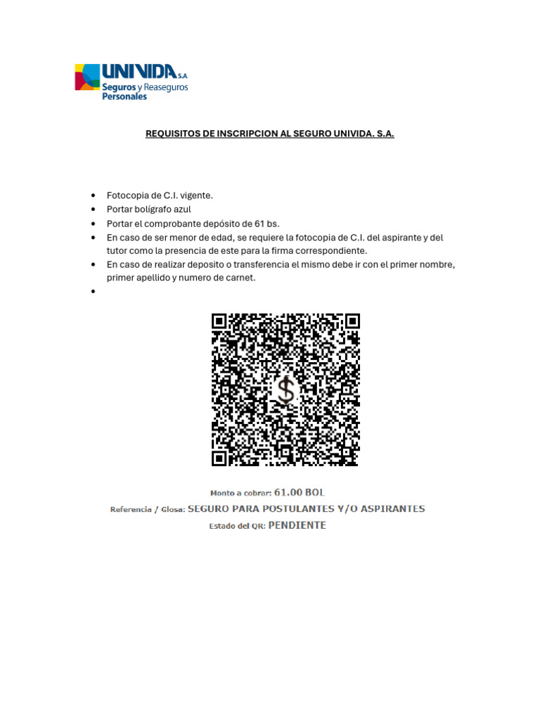 Requisitos Inscripción Seguro UNIVIDA | PDF