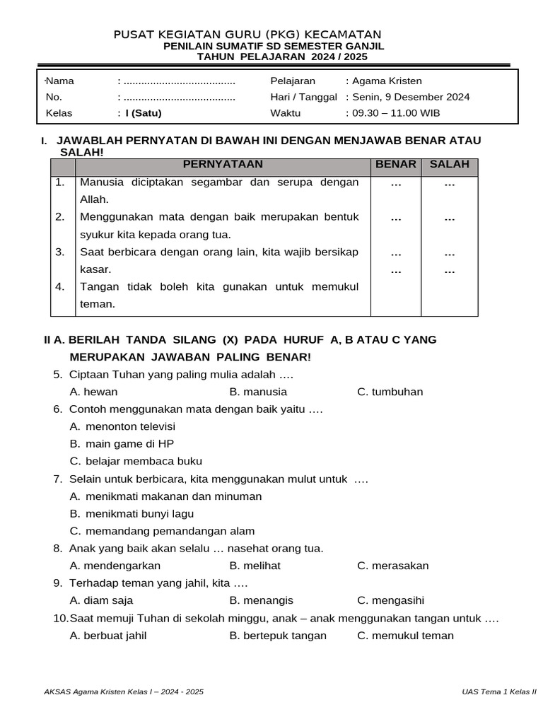 SOAL SAS KLS I AGAMA KRISTEN | PDF