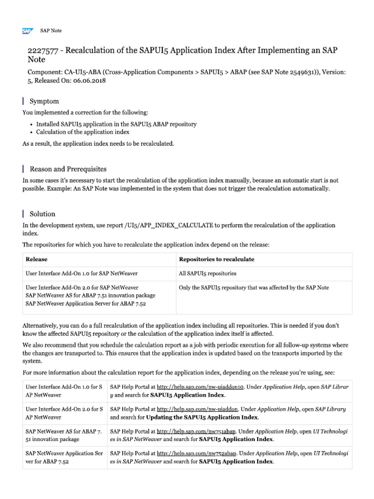 Recalculation of The SAPUI5 Application Index After Implementing An SAP Note | PDF