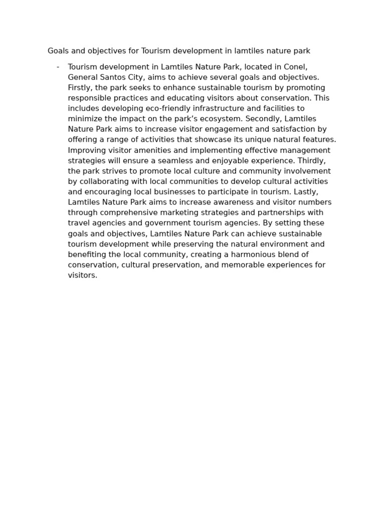 Goals and Objectives For Tourism Development | PDF