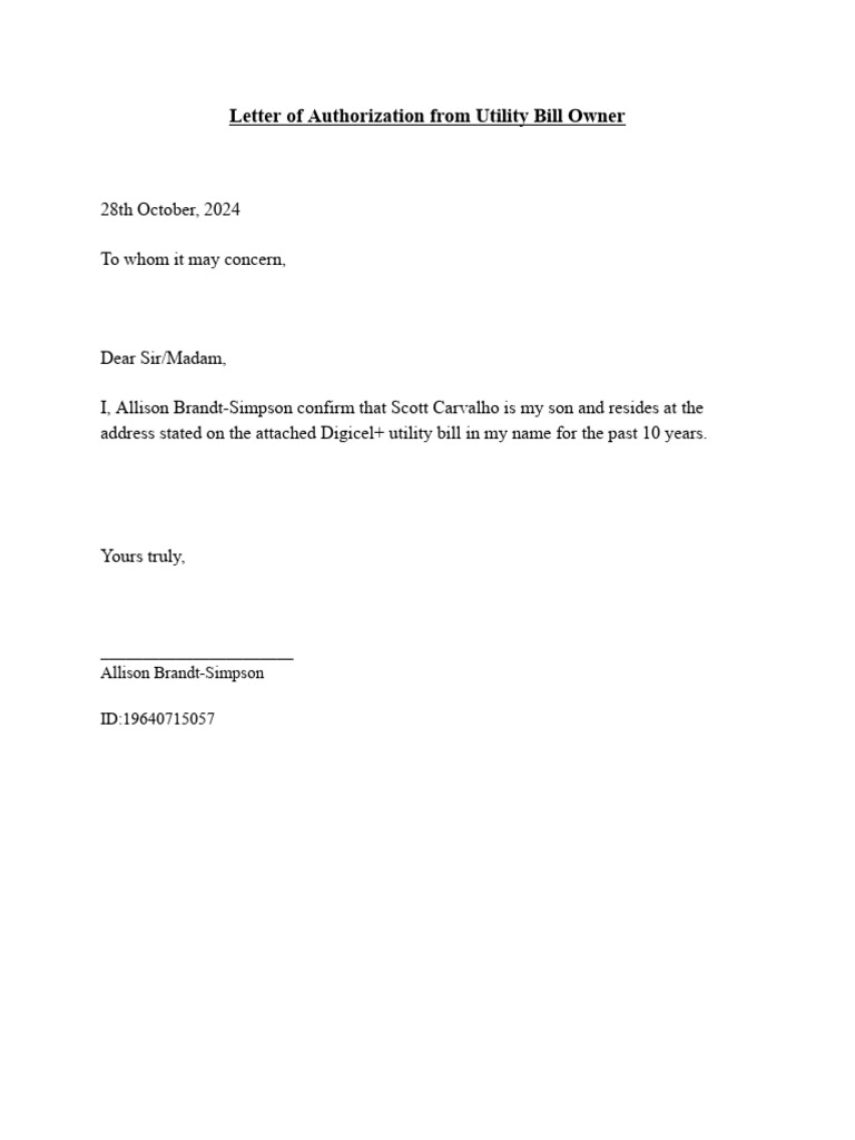 Letter of Authorization From Utility Bill Owner | PDF