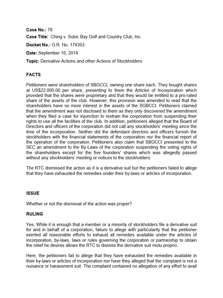 Ching v. Subic Bay Golf: Derivative Action Ruling | PDF | Complaint ...