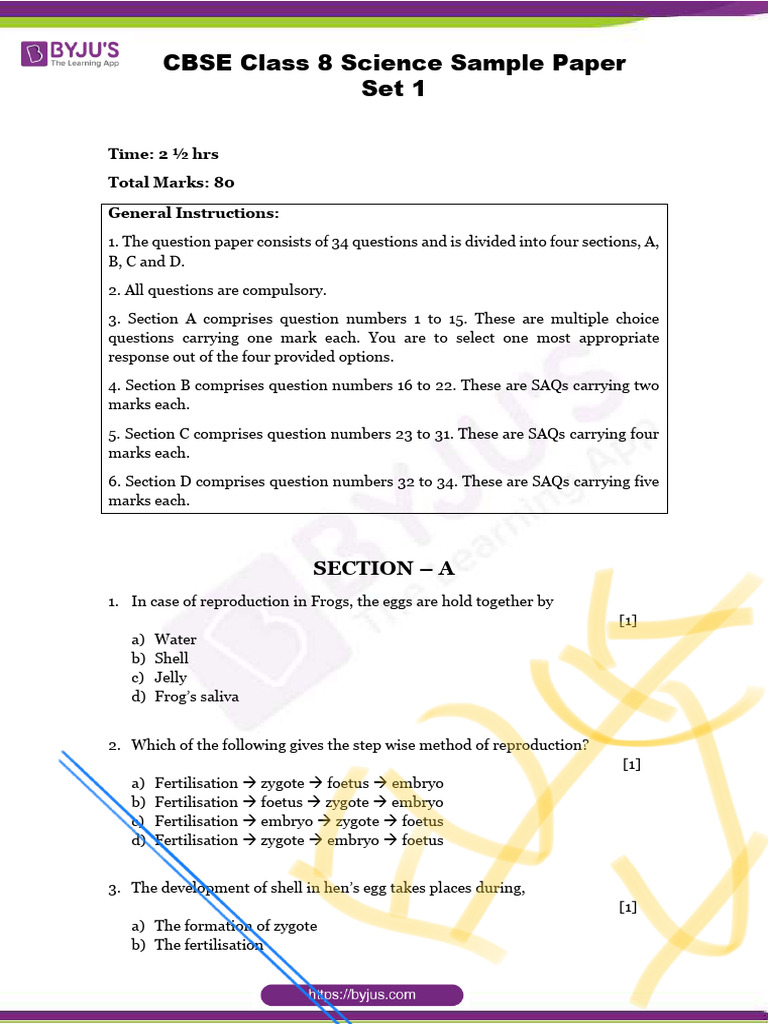 CBSE Class 8 Science Sample Paper Set 1 | PDF | Fertilisation | Embryo