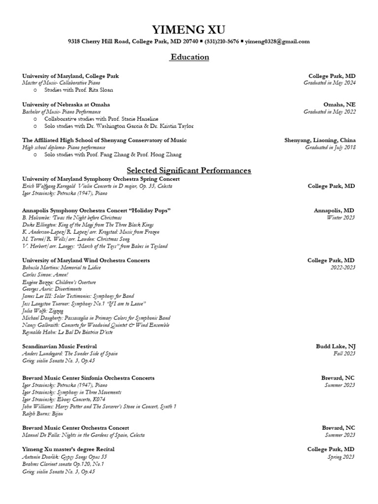 Yimeng Xu - Artistic Resumé | PDF | Symphony | Orchestras