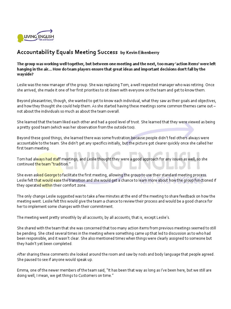 Accountability Equals Meeting Success by Kevin Eikenberry | PDF | Cognition