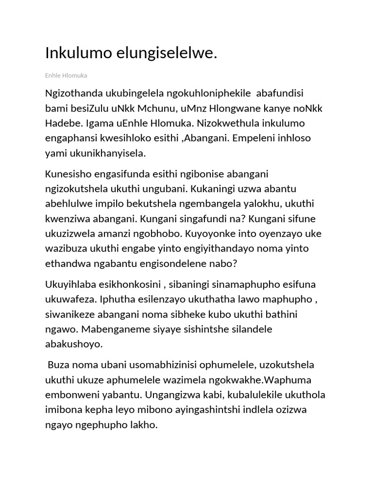 Inkulumo Elungiselelwe: Abangani | PDF