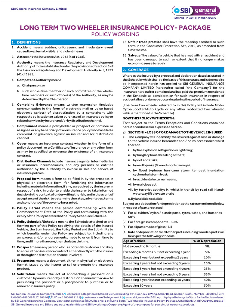 SBI Long Term Two Wheeler Insurance Policy | PDF | Insurance | Indemnity