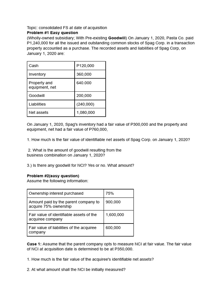 Business Combination Practice - 1 | PDF | Book Value | Goodwill (Accounting)