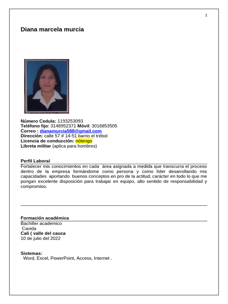 Currículum de Diana Marcela Murcia | PDF