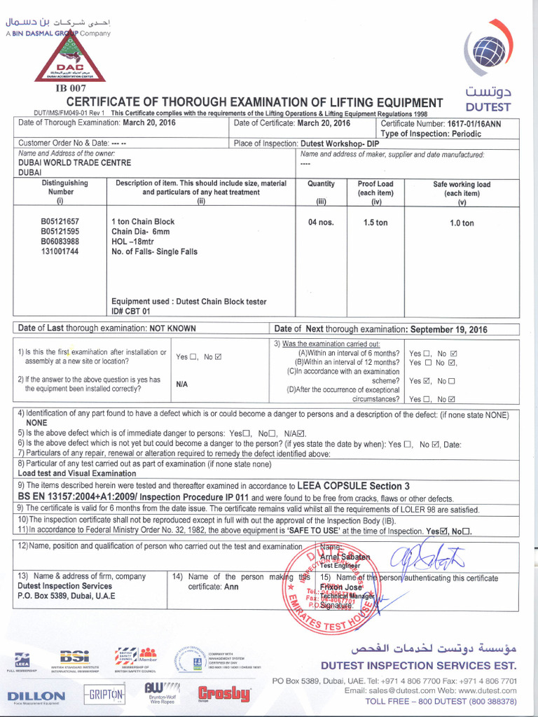 Valid Load Test Certificate | PDF