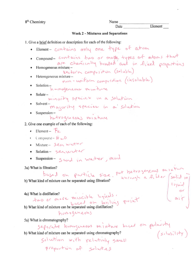 Mixture and Separations ANSWERS To Worksheet | PDF