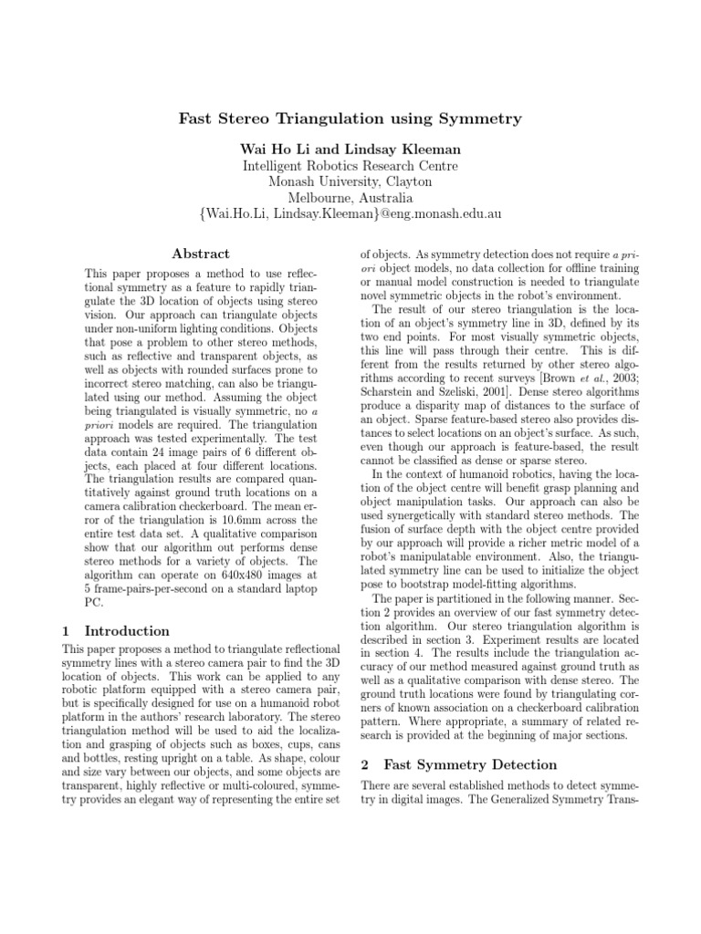 Fast Stereo Triangulation Using Symmetry | PDF | Stereoscopy | Computer ...