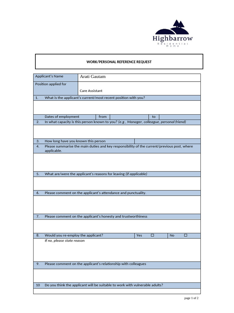 Employer Reference Request Form | PDF
