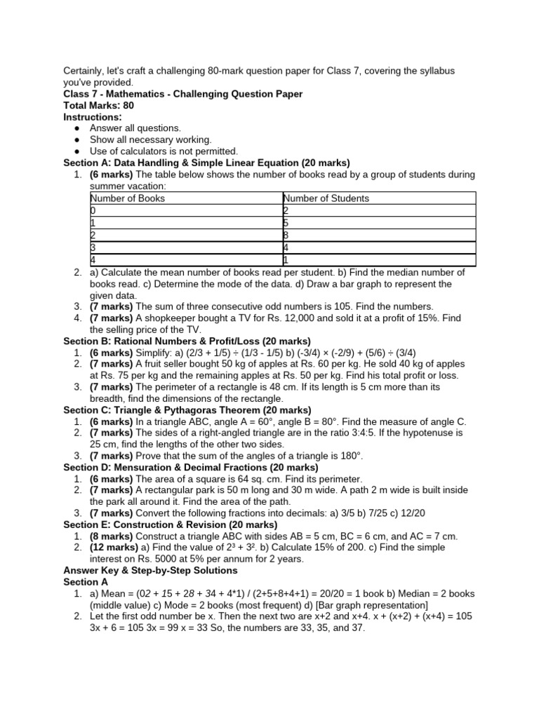Class 7 Mathematics 80-Mark Paper | PDF | Length | Mathematics
