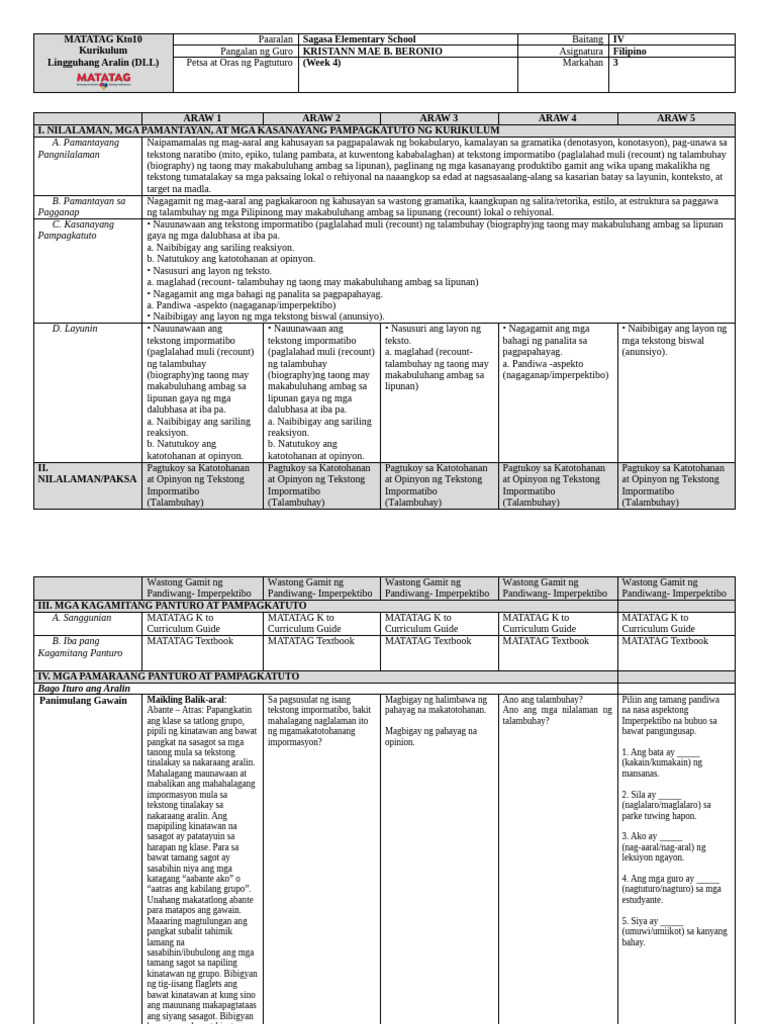 Q3 DLL Filipino4 Week4 MATATAG@Edumaymay | PDF