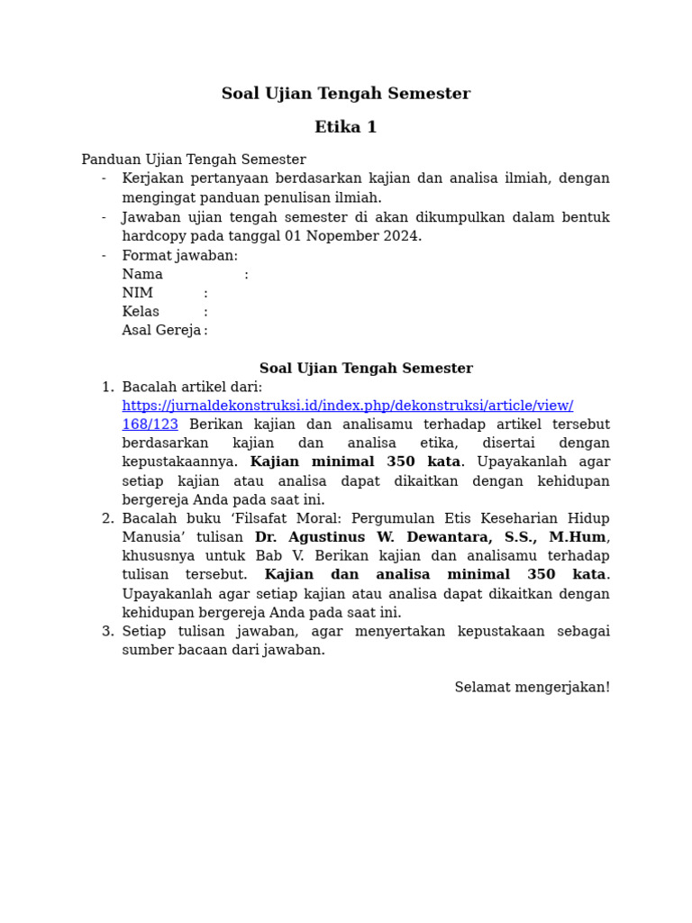 Soal Etika UTS (Etika 1 2024) | PDF