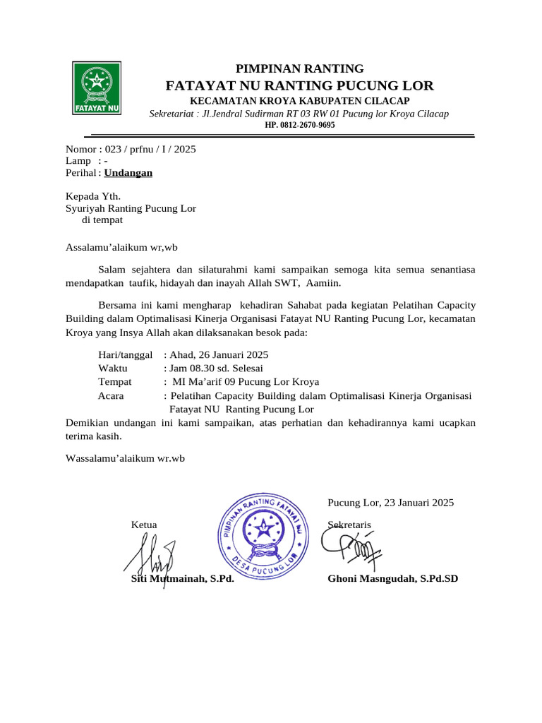 Undangan Pelatihan Fatayat NU Pucung Lor | PDF