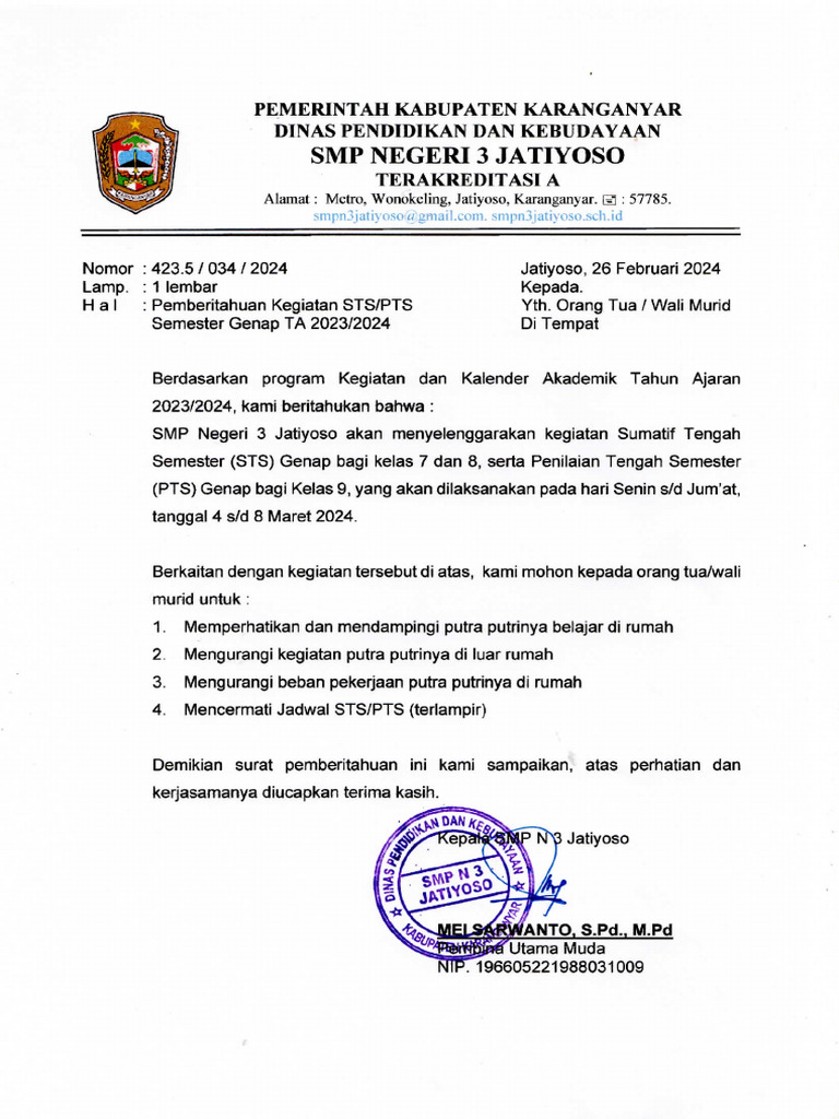 Surat Edaran STS - Pts Genap 2023.2024 | PDF
