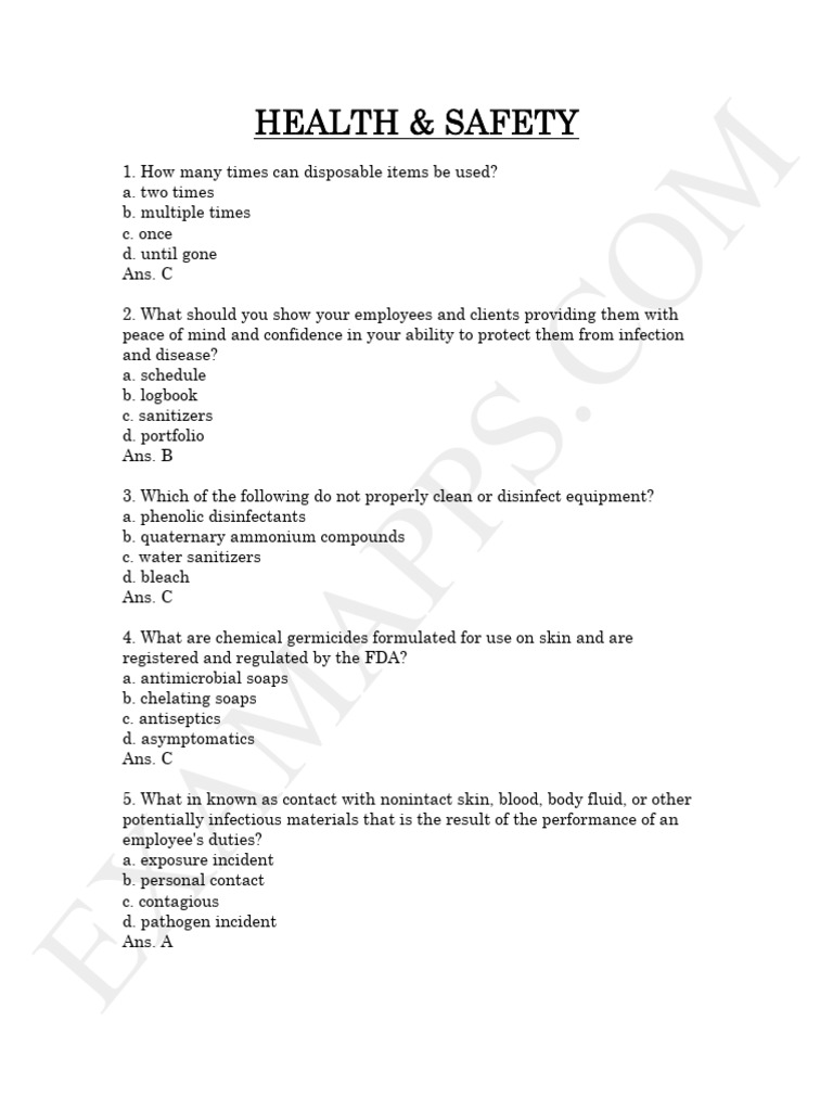 Health & Safety Quiz: Infection Control | PDF | Infection | Disinfectant