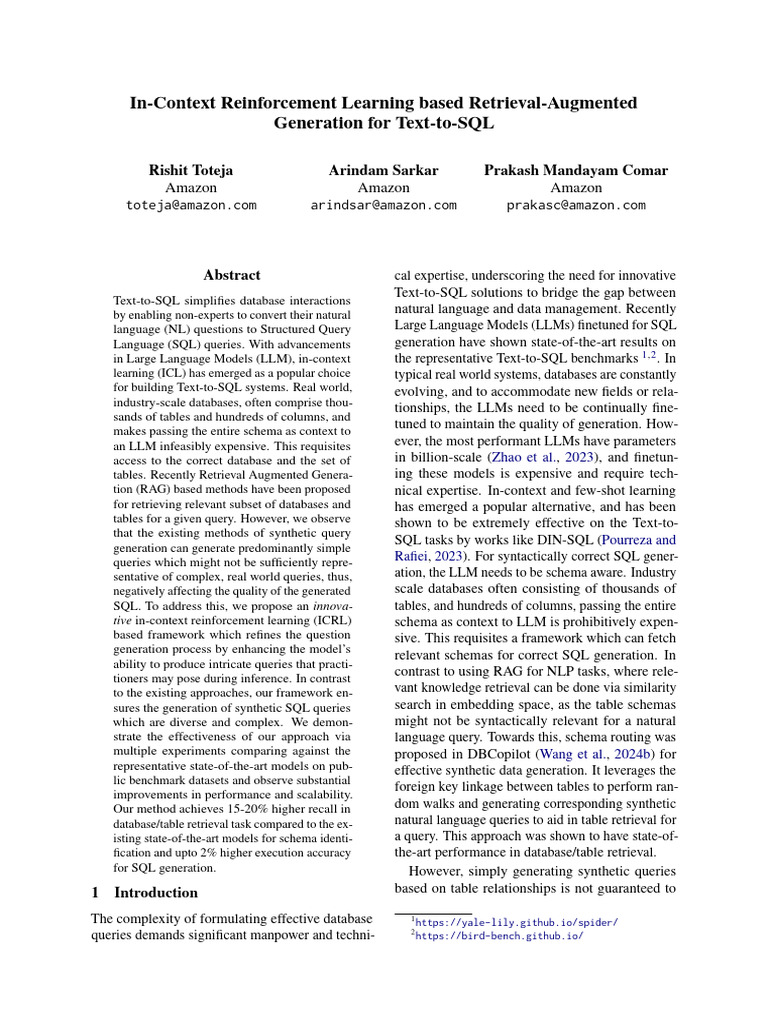 In Context Reinforcement Learning Based Retrieval Augmented Generation for Text to SQL | PDF ...