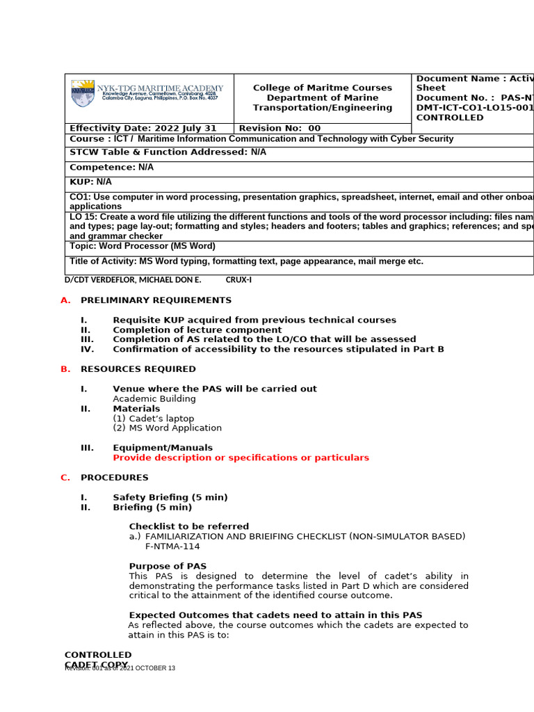 NTMA Certification: MS Word Assessment | PDF | Microsoft Word | Page Layout